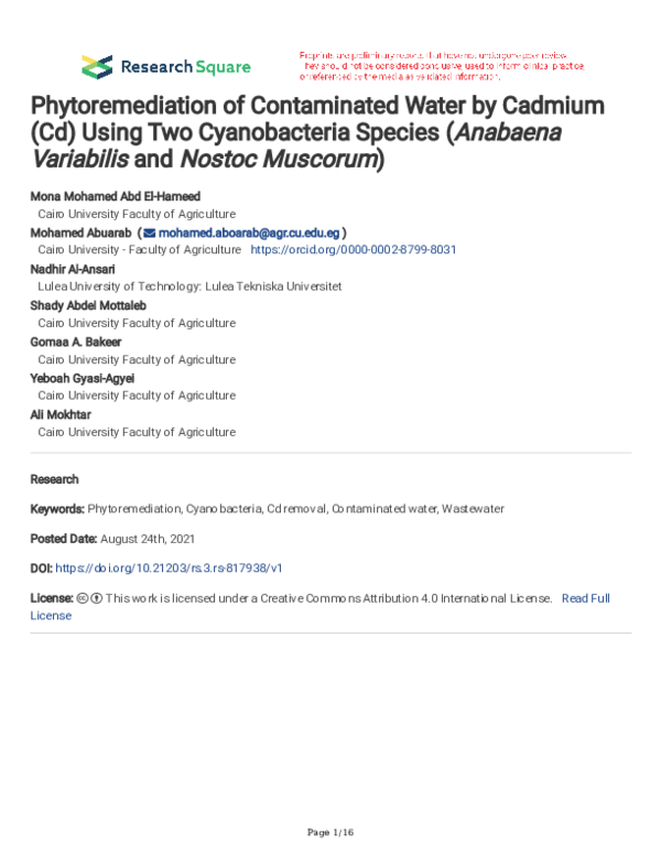 (PDF) Phytoremediation of Contaminated Water by Cadmium (Cd) Using Two ...