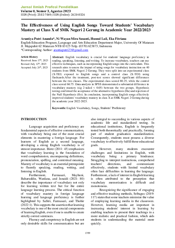 (PDF) The Effectiveness of Using English Songs Toward Students ...