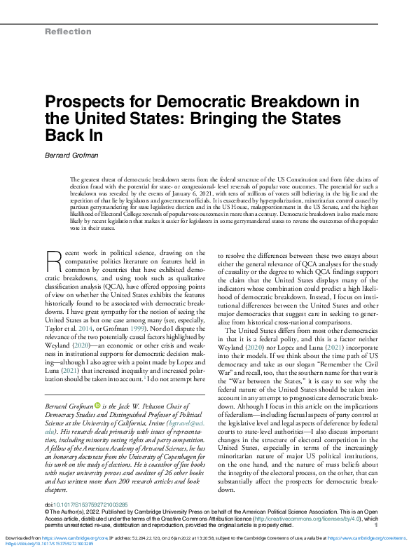(PDF) Prospects for Democratic Breakdown in the United States: Bringing ...
