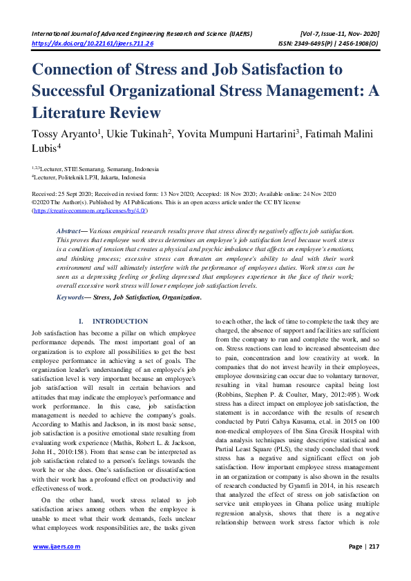 (PDF) Connection of Stress and Job Satisfaction to Successful ...