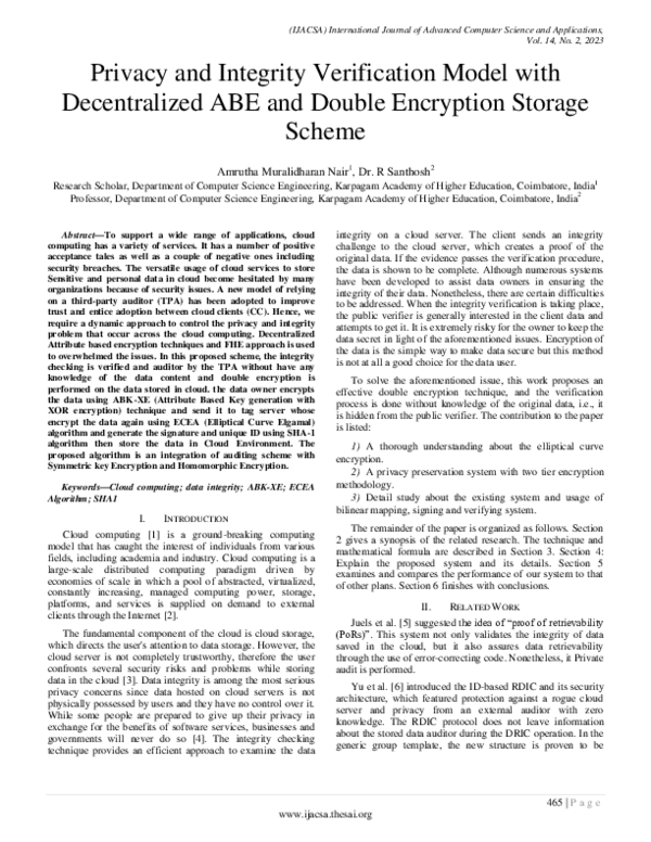 (PDF) Privacy and Integrity Verification Model with Decentralized ABE and Double Encryption ...