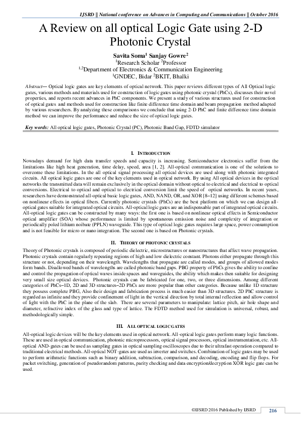 (PDF) A Review on all optical Logic Gate using 2-D Photonic Crystal
