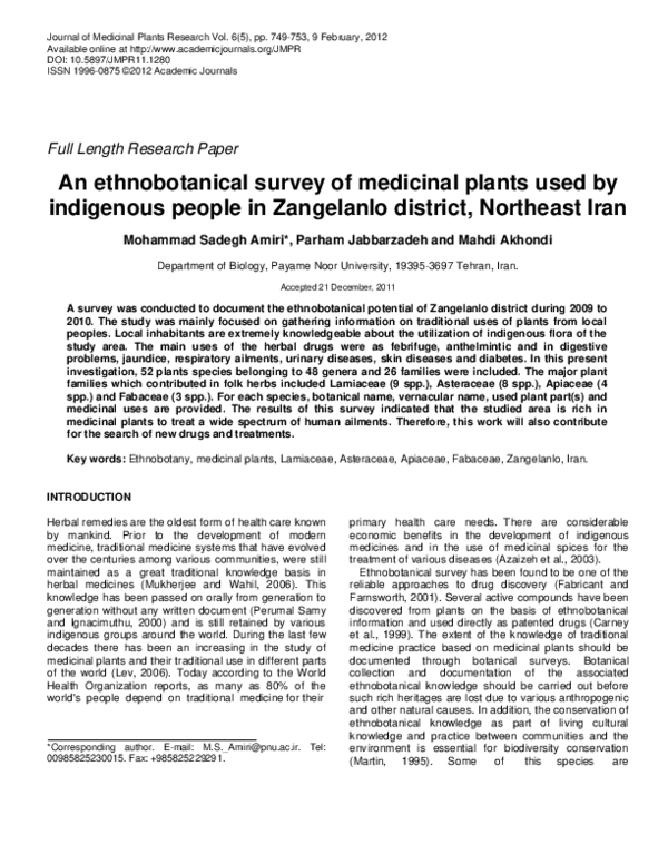 (PDF) An ethnobotanical survey of medicinal plants used by indigenous people in Zangelanlo ...