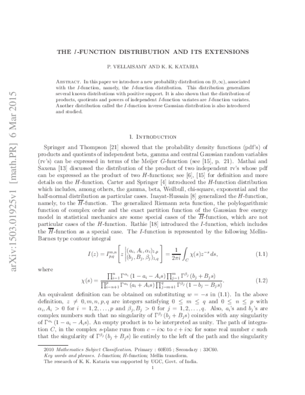 (PDF) I-Function Distribution and Its Generalizations