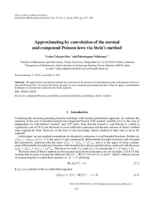 (PDF) Approximating by convolution of the normal and compound Poisson laws via Stein’s method