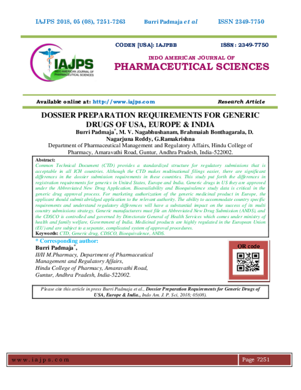 (PDF) Dossier Preparation Requirements for Generic Drugs of Usa, Europe ...