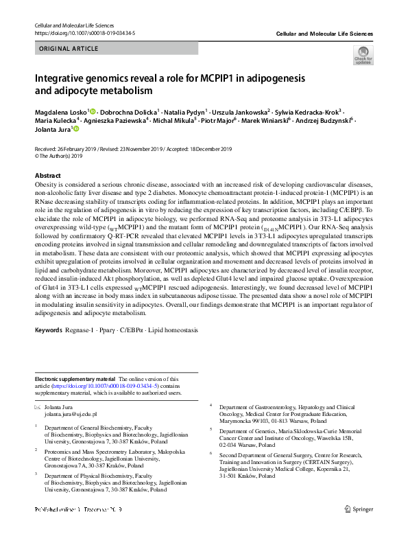 (PDF) Integrative genomics reveal a role for MCPIP1 in adipogenesis and adipocyte metabolism ...