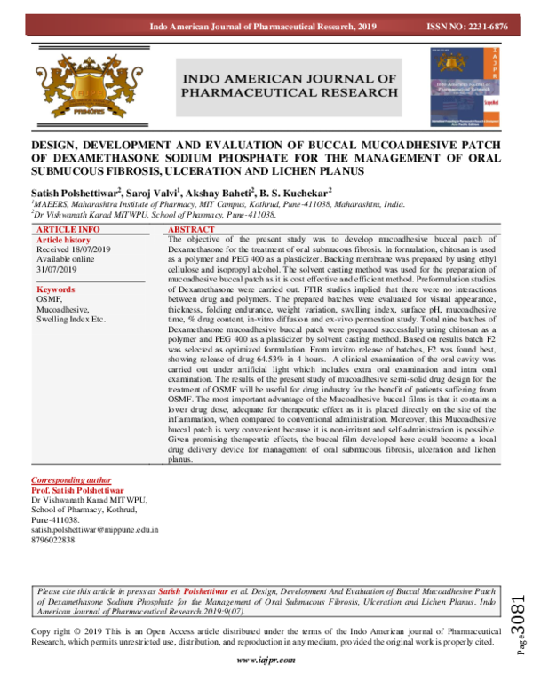 (PDF) Design, Development and Evaluation of Buccal Mucoadhesive Patch ...