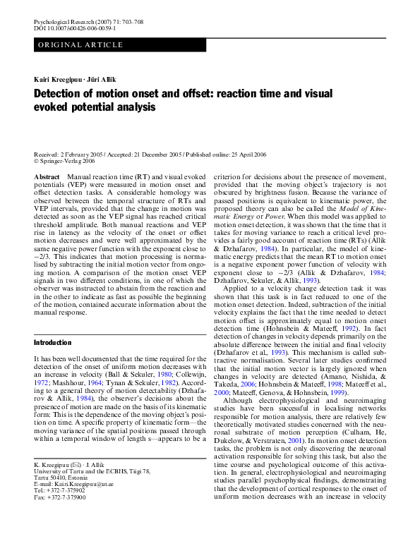 (PDF) Detection of motion onset and offset: reaction time and visual evoked potential analysis