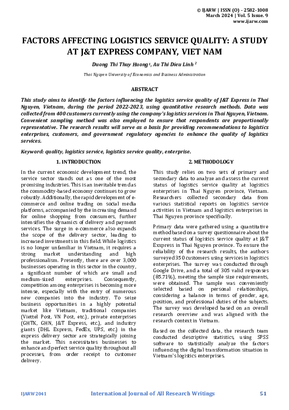 (PDF) FACTORS AFFECTING LOGISTICS SERVICE QUALITY: A STUDY AT J&T EXPRESS COMPANY, VIET NAM