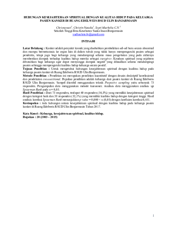 (PDF) Hubungan Kesejahteraan Spiritual Dengan Kualitas Hidup Pada Keluarga Pasien Kanker DI ...