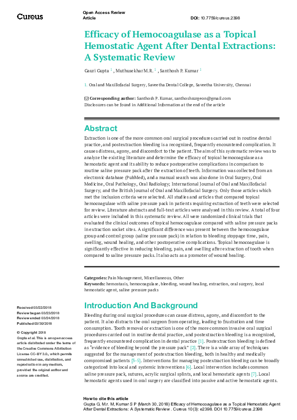 (PDF) Efficacy of Hemocoagulase as a Topical Hemostatic Agent After ...
