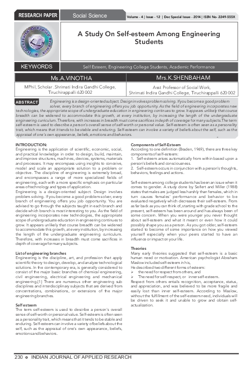 (PDF) A Study On Self-esteem Among Engineering Students | social work - Academia.edu