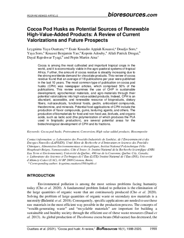 (PDF) Cocoa pod husks as potential sources of renewable high-value-added products: A review of ...