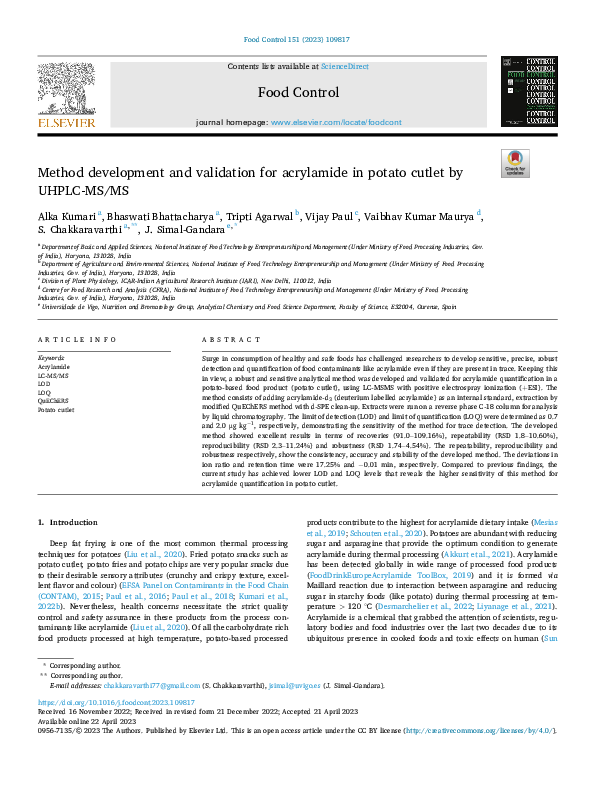 (PDF) Method development and validation for acrylamide in potato cutlet by UHPLC-MS/MS