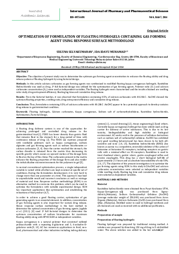 (PDF) OPTIMIZATION OF FORMULATION OF FLOATING HYDROGELS CONTAINING GAS FORMING AGENT USING ...