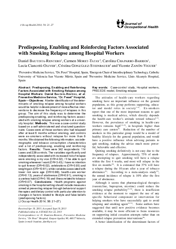 Pdf Predisposing Enabling And Reinforcing Factors Associated With Smoking Relapse Among