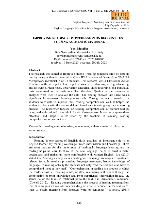 (PDF) Improving Reading Comprehension on Recount Text by Using ...