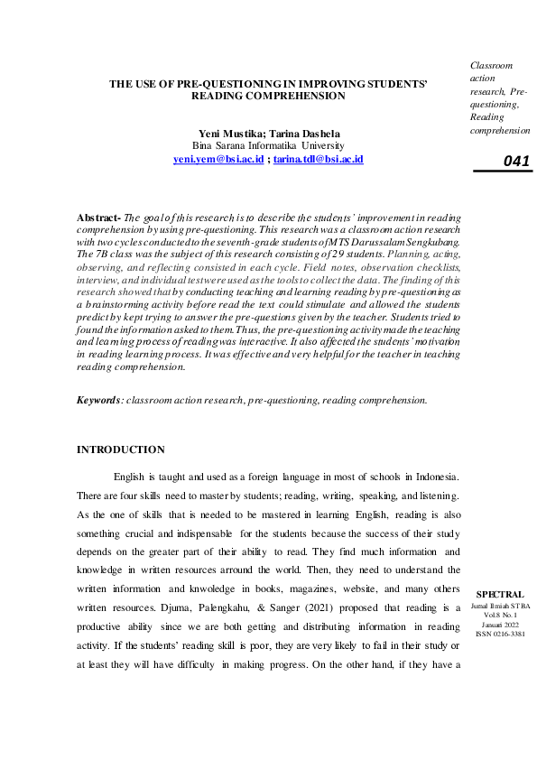 (PDF) The Use of Pre-Questioning in Improving Students’ Reading Comprehension