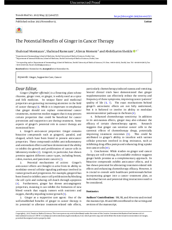 (PDF) The Potential Benefits of Ginger in Cancer Therapy | Abdolkarim ...