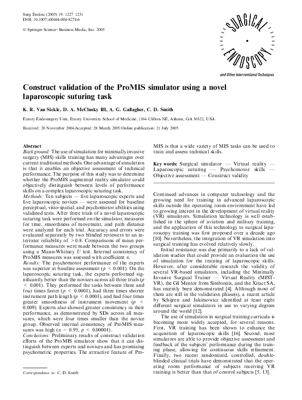 (PDF) Construct validation of the ProMIS simulator using a novel laparoscopic suturing task