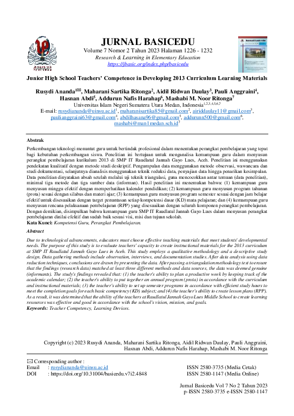 (PDF) Junior High School Teachers’ Competence in Developing 2013 ...