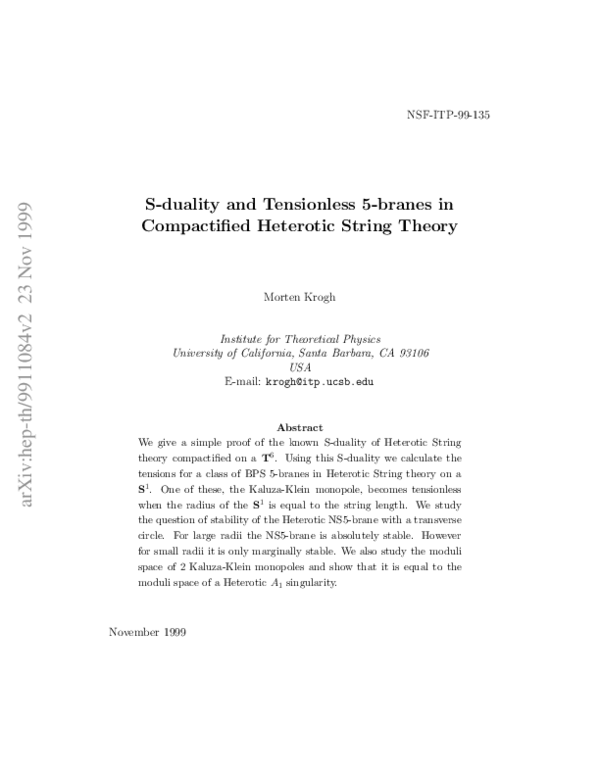 (PDF) S-duality and tensionless 5-branes in compactified heterotic ...