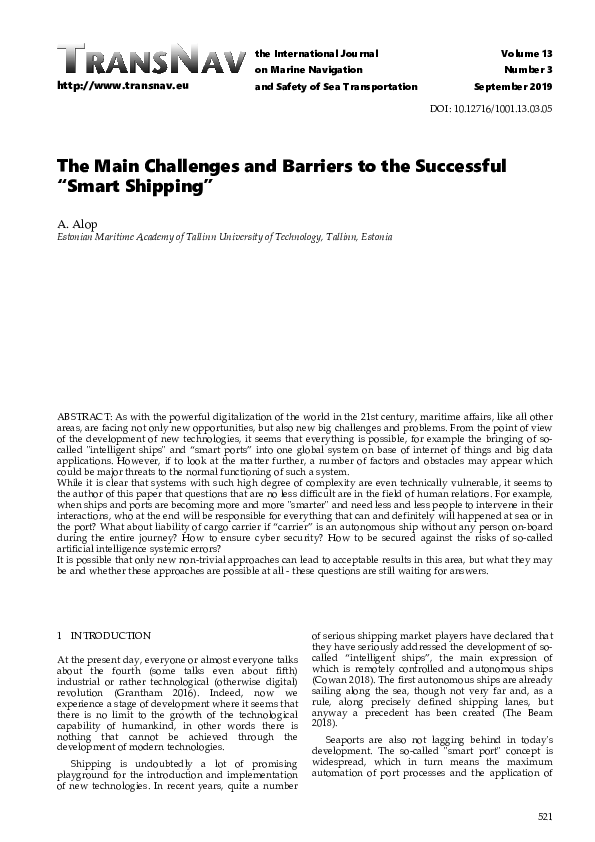 (PDF) The Main Challenges and Barriers to the Successful “Smart Shipping”