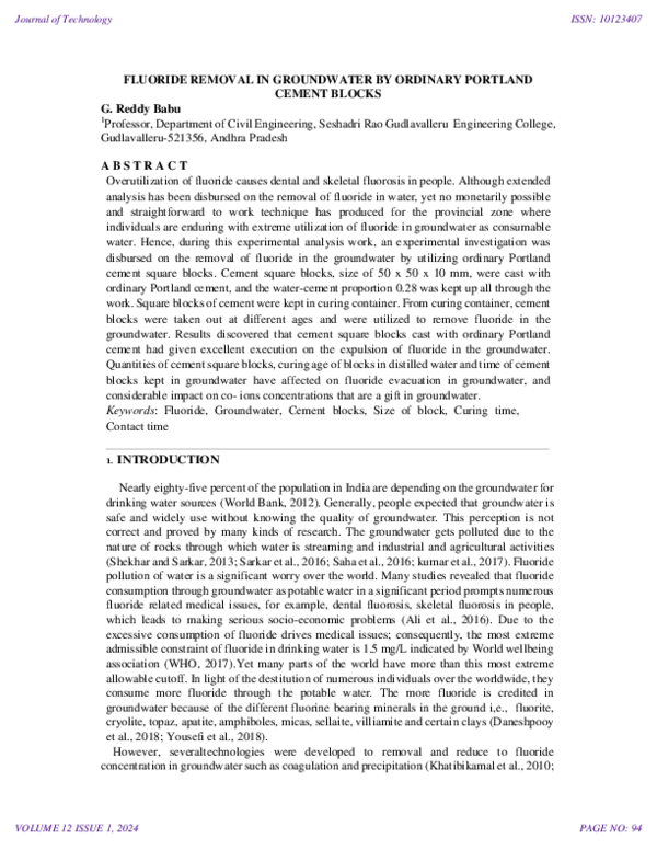 (PDF) FLUORIDE REMOVAL IN GROUNDWATER BY ORDINARY PORTLAND CEMENT BLOCKS