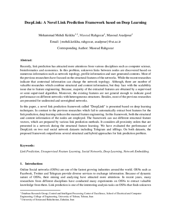 Pdf Deeplink A Novel Link Prediction Framework Based On Deep Learning