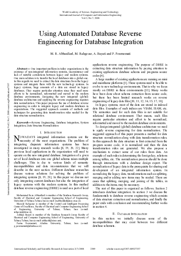 (PDF) Using Automated Database Reverse Engineering for Database Integration