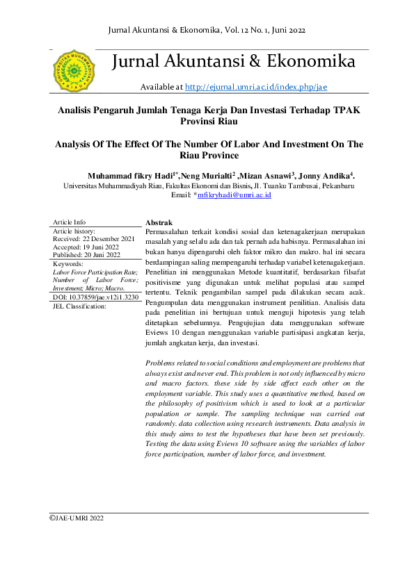 (PDF) Analisis Pengaruh Jumlah Tenaga Kerja Dan Investasi Terhadap TPAK Provinsi Riau