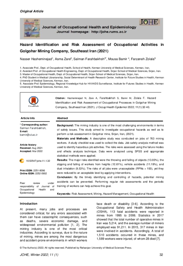 (PDF) Hazard Identification and Risk Assessment of Occupational ...