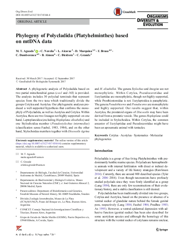 (PDF) Phylogeny of Polycladida (Platyhelminthes) based on mtDNA data