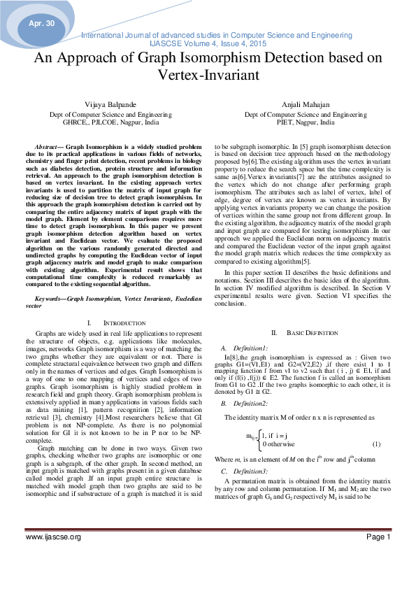 (PDF) An Approach of Graph Isomorphism Detection based on Vertex-Invariant
