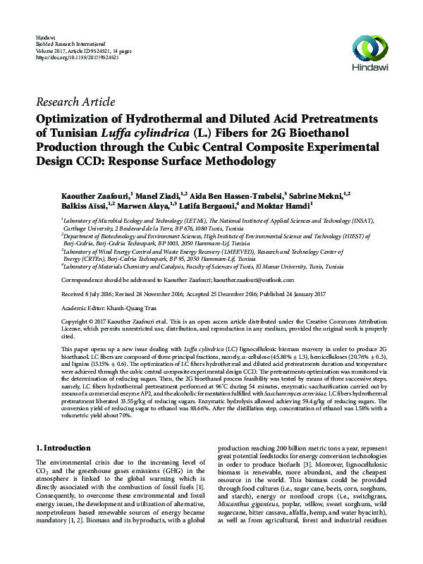 (PDF) Optimization of Hydrothermal and Diluted Acid Pretreatments of Tunisian Luffa cylindrica ...