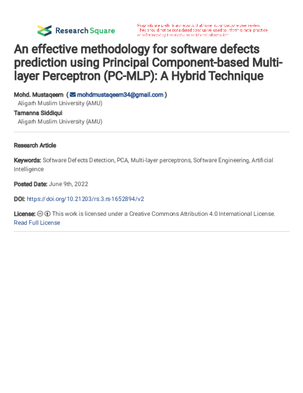 (PDF) An effective methodology for software defects prediction using Principal Component-based ...