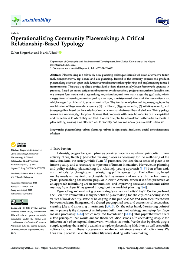 (PDF) Operationalizing Community Placemaking: A Critical Relationship-Based Typology