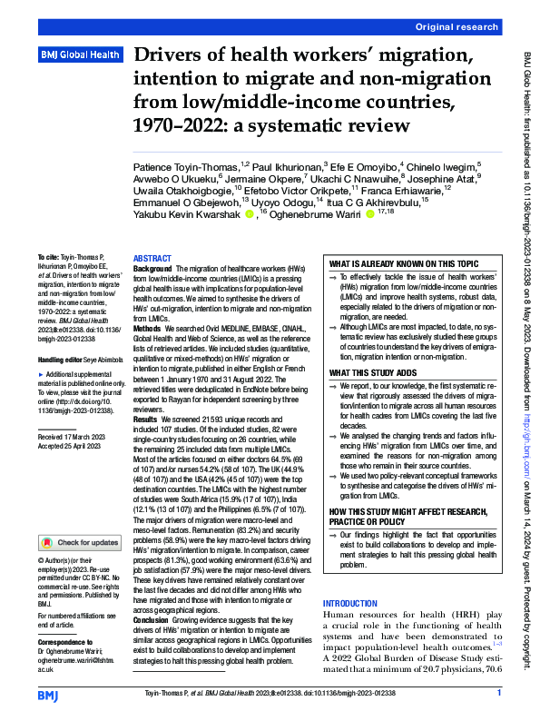 (PDF) Drivers of health workers’ migration, intention to migrate and ...