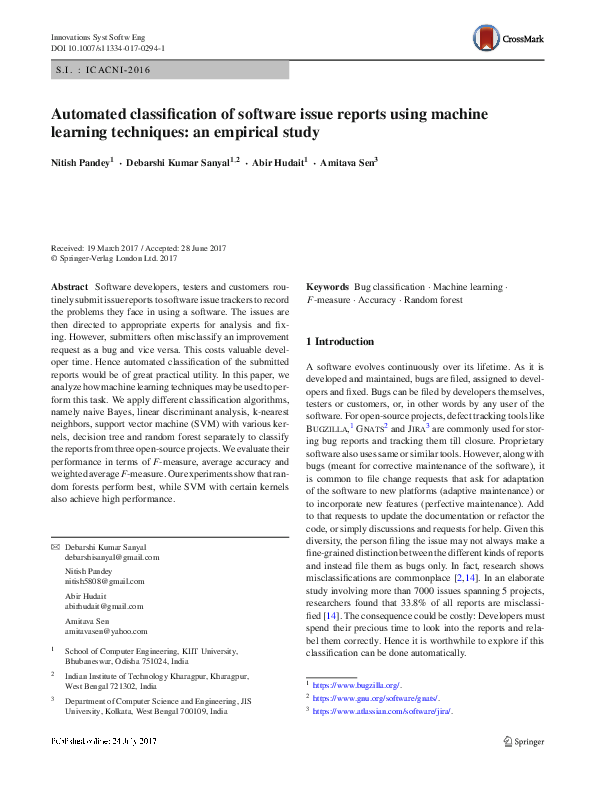 (PDF) Automated classification of software issue reports using machine ...