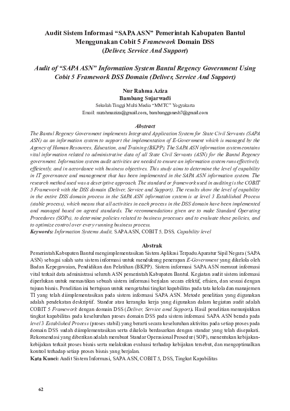 Pdf Audit Sistem Informasi “sapa Asn” Pemerintah Kabupaten Bantul Menggunakan Cobit 5