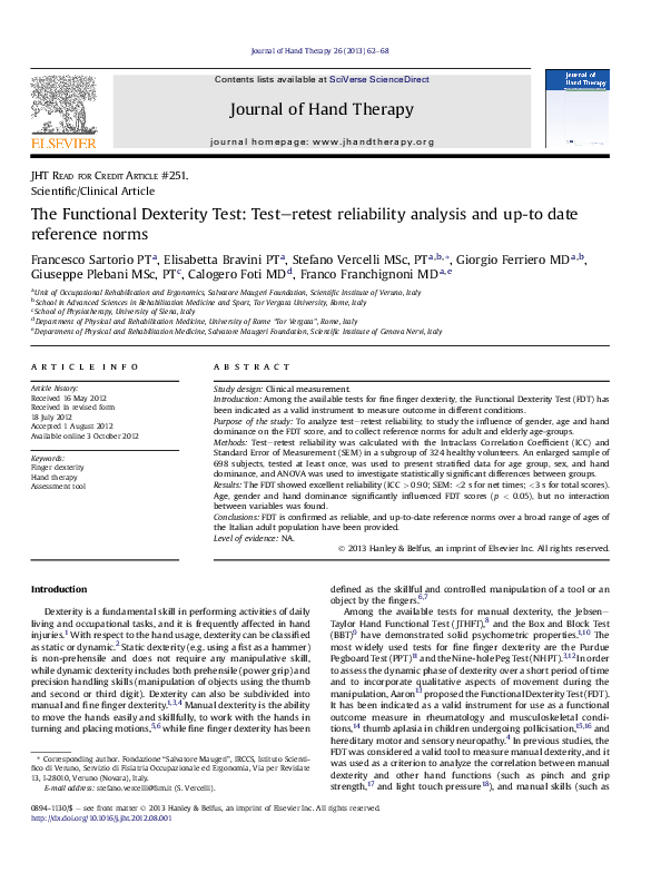 (PDF) The Functional Dexterity Test: Test–retest reliability analysis ...