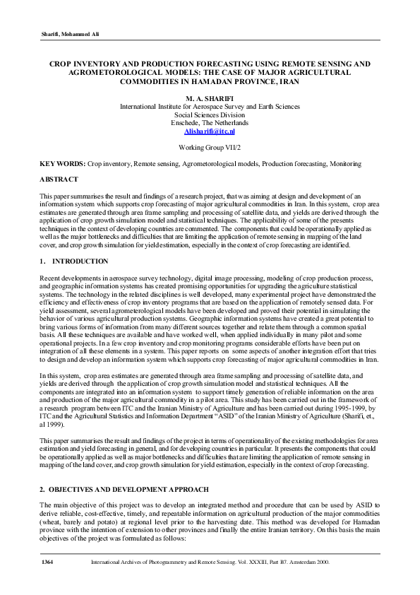 (PDF) Crop Inventory and Production Forecasting Using Remote Sensing and Agrometorological ...