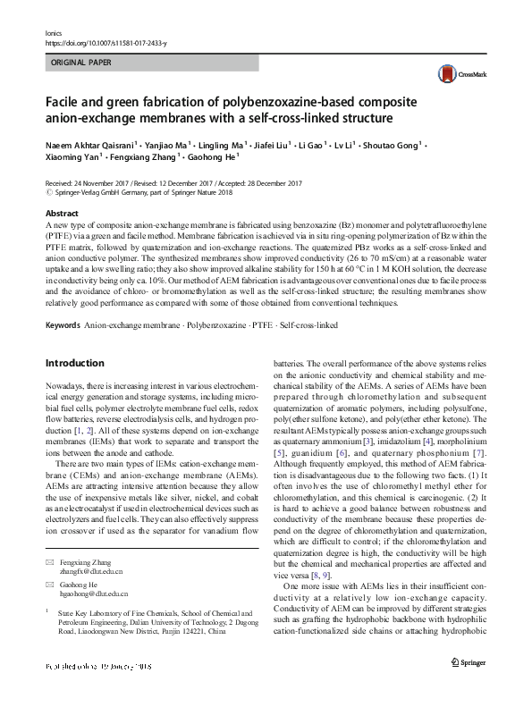 (PDF) Facile and green fabrication of polybenzoxazine-based composite anion-exchange membranes ...
