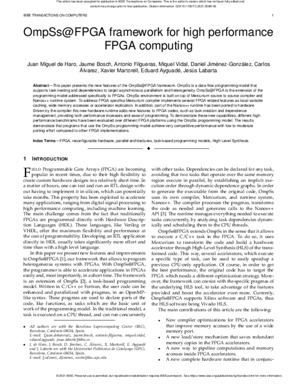 Pdf Ompssfpga Framework For High Performance Fpga Computing Miquel Vidal I Pinyol