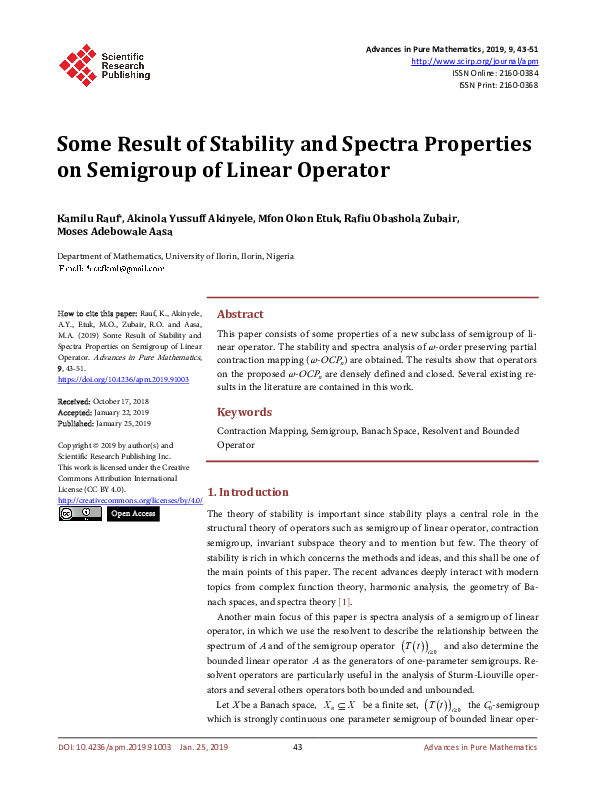 (PDF) Some Result of Stability and Spectra Properties on Semigroup of Linear Operator | Akinola ...