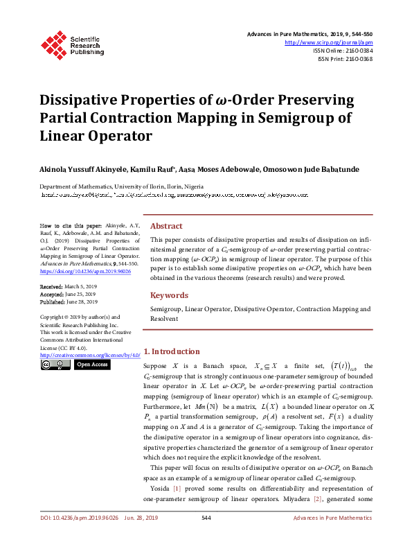 Pdf Dissipative Properties Of ω Order Preserving Partial Contraction Mapping In Semigroup Of