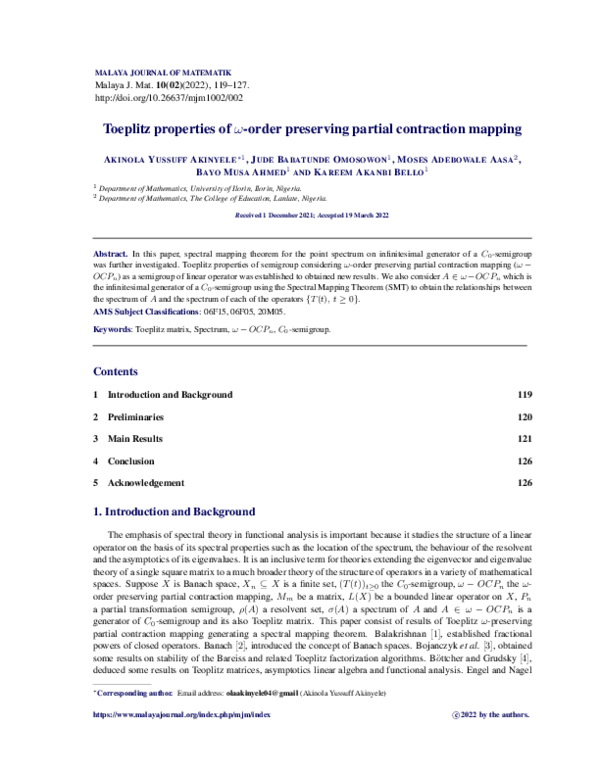 (PDF) Toeplitz properties of $\omega$-order preserving partial contraction mapping