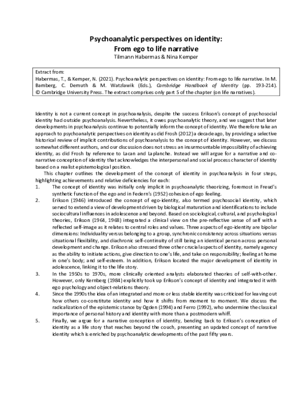 (PDF) Psychoanalytic perspectives on identity: From ego to life narrative