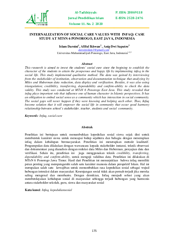 (PDF) Internalization of Social Care Values with Infaq: Case Study at MTSN 6 Ponorogo, East Java ...
